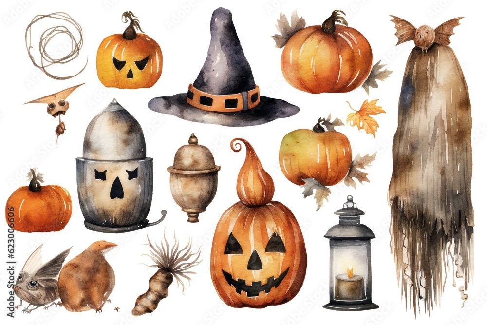 Watercolor Halloween clip art on white background Generative AI Stock ...