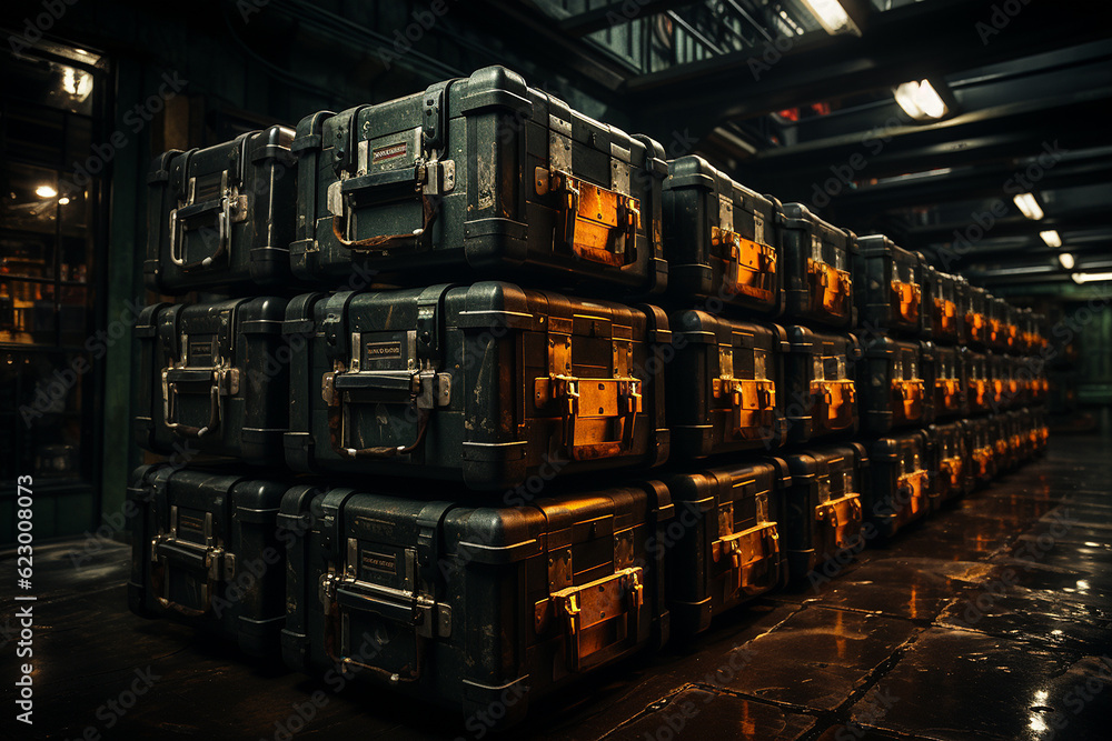 Warehouse of military equipment. A large number of identical containers ...