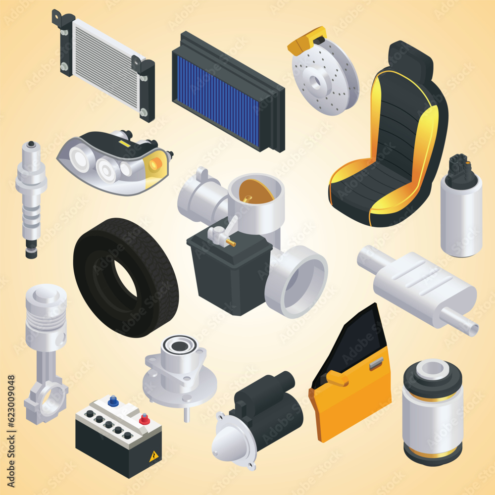 car parts spares isometric set with isolated icons spare details refill ...