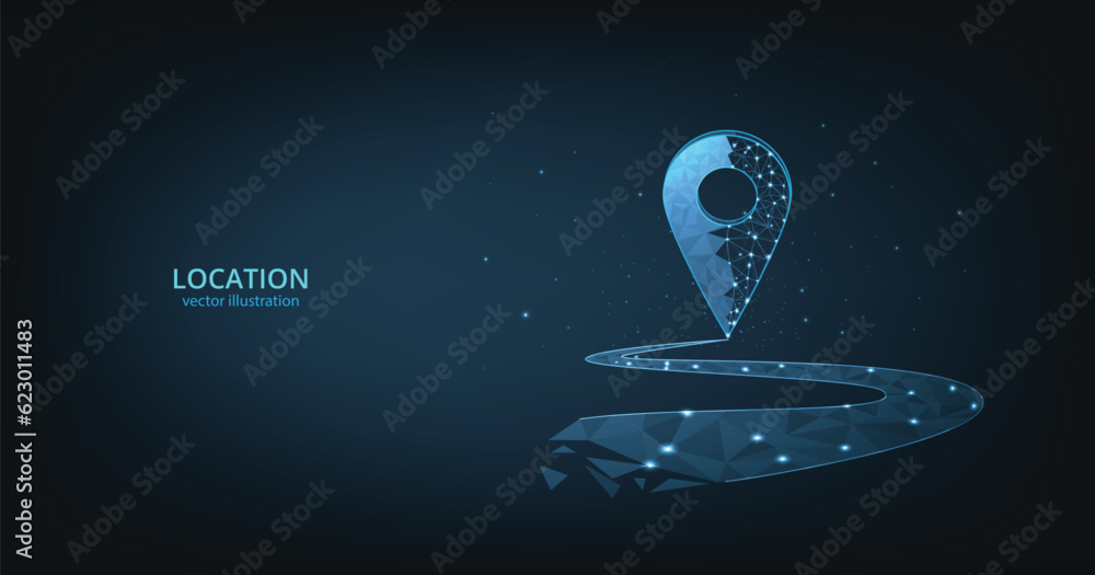 Light Blue GPS pin composed of polygon. Traveling digital concept ...