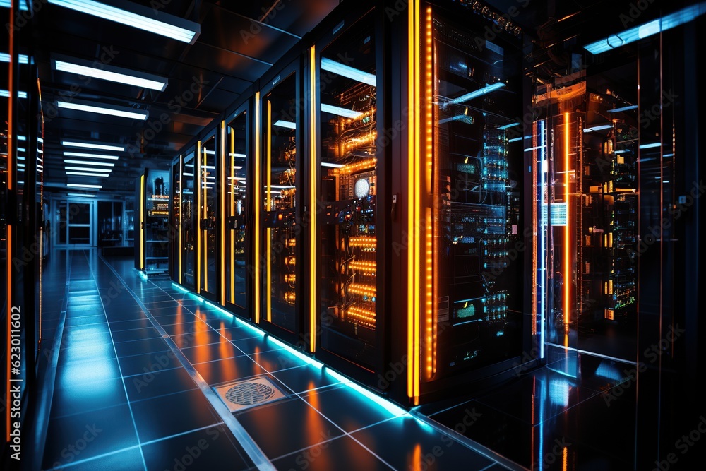 Server room, multiple server rack hall in a darkly lit office, Data ...