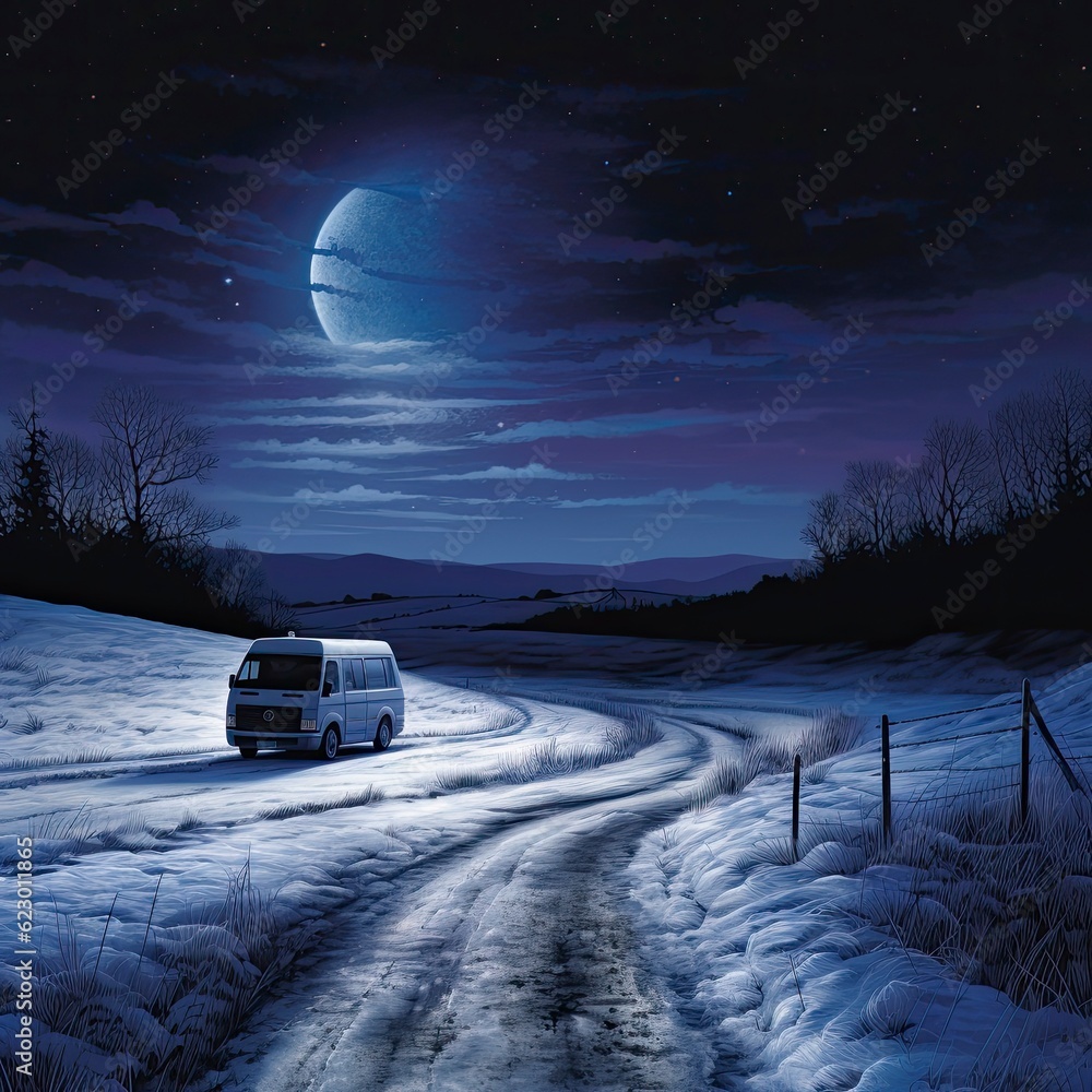 A van driving on an icy road at night with the moon in the sky. Snow ...