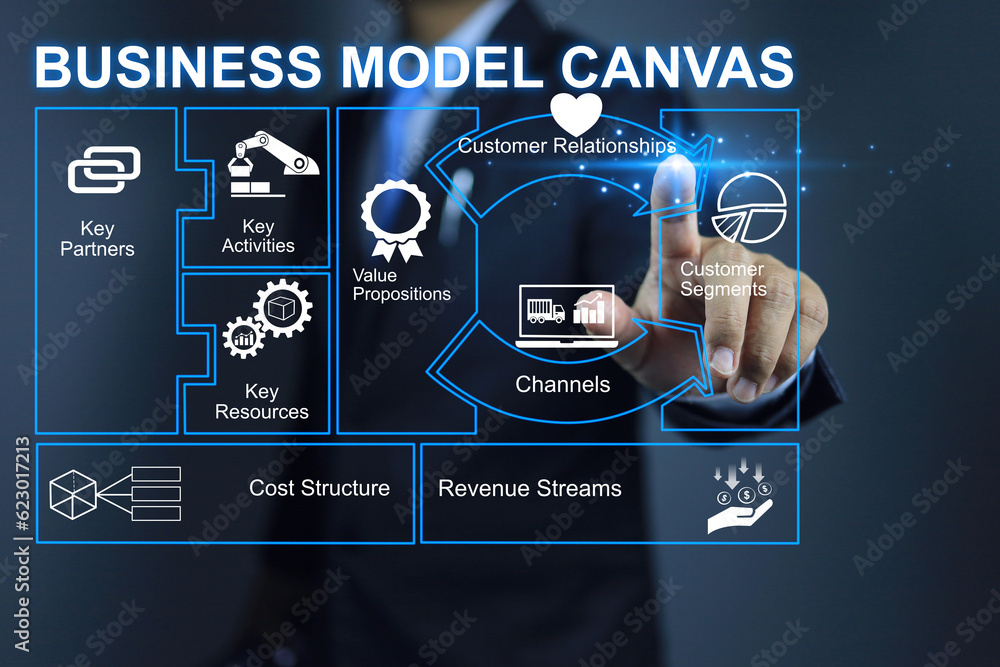 Foto de Businessman pointing on business model canvas chart to prepare ...