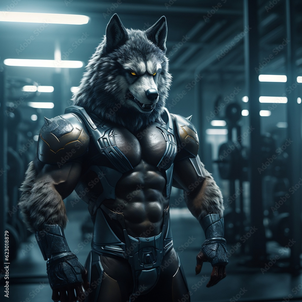 humanoi/imaginefit Wolf standing at the gym, Strong and fierce wolf ...