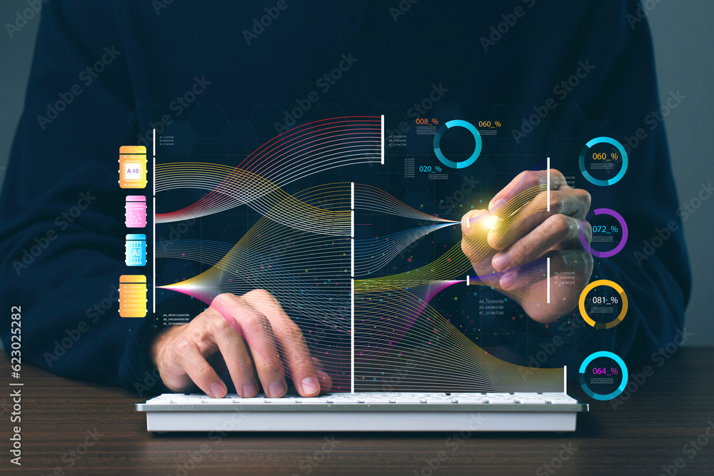 Data scientists analyze and visualize massive data on virtual screens ...