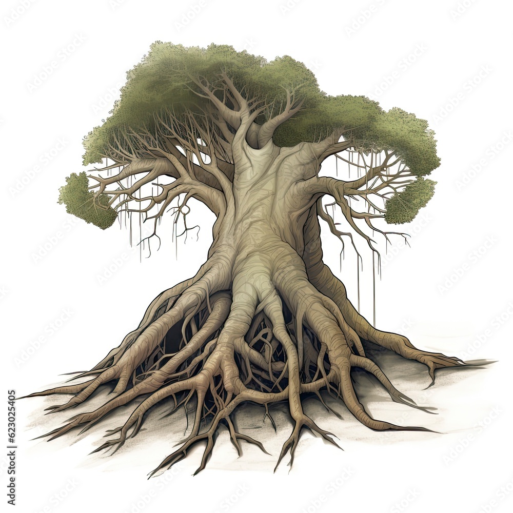 A large tree with thick roots and wide branches on white background ...