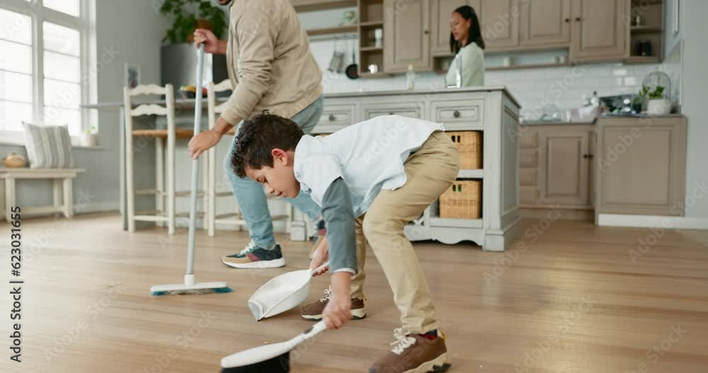 Teamwork, kid or father sweeping floor with support for housekeeping in ...