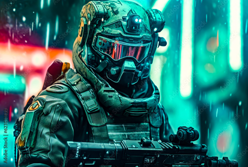 a soldier wears a dark helmet and carries a gun, close up Stock ...