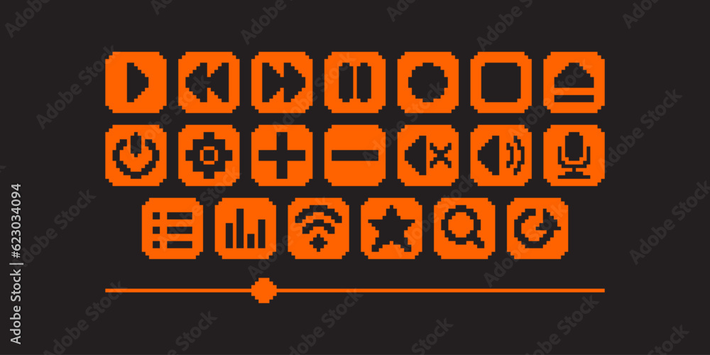 simple flat pixel art set of red media player buttons for audio or ...