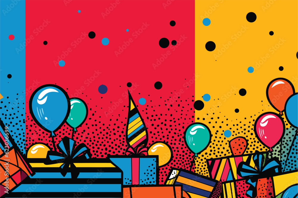 birthday background with balloons pop art and gift boxes vector ...