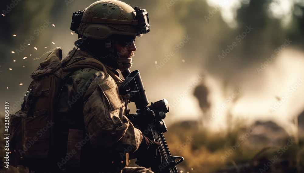 An armed forces soldier with a rifle, ready for conflict and fighting ...