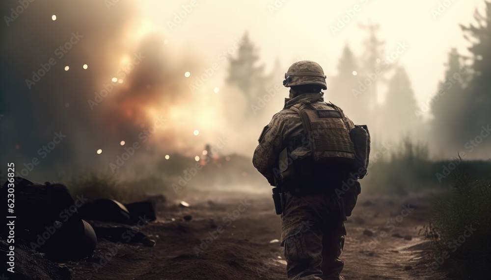 An armed forces soldier with a rifle, ready for conflict and fighting ...