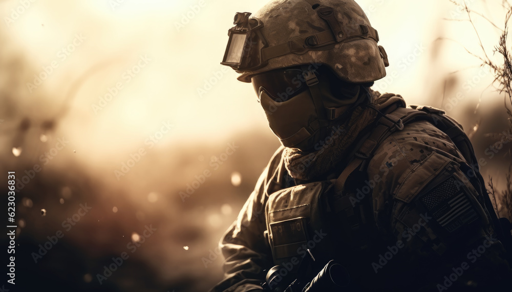 An armed forces soldier with a rifle, ready for conflict and fighting ...