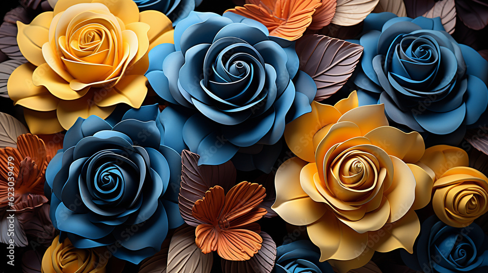 Colorful arrangement of different colored paper roses is on a black ...