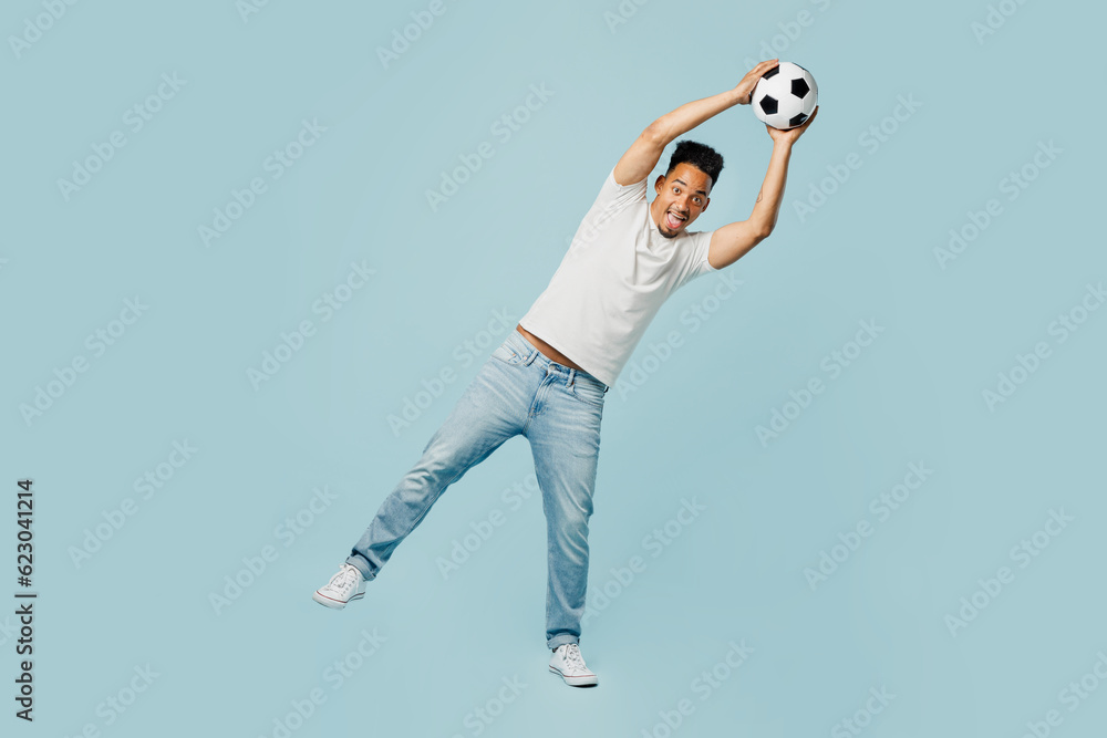 Full body young goalkeeper man fan wearing t-shirt cheer up support ...