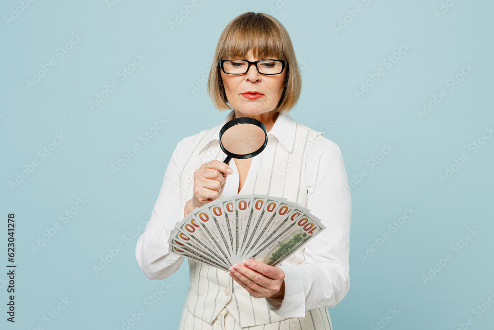 Employee business woman 50s wearing white classic suit glasses formal ...