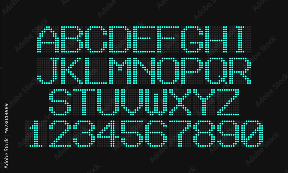 LCD letters and numbers for a electronic devices. Digital glowing ...
