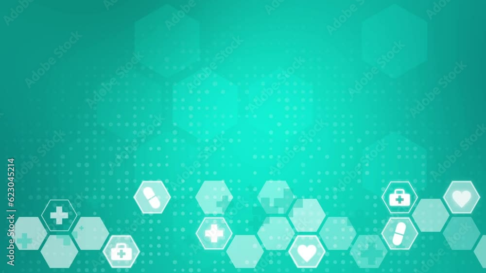 Healthcare animation with medical icons and hexagon grid. White glowing ...