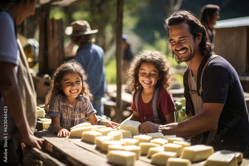 Parents and children exploring a Colombian cheese farm, witnessing the ...