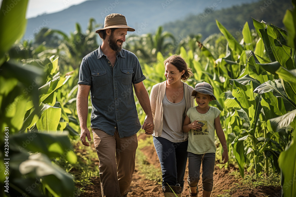 Family exploring a Colombian banana plantation, surrounded by lush ...