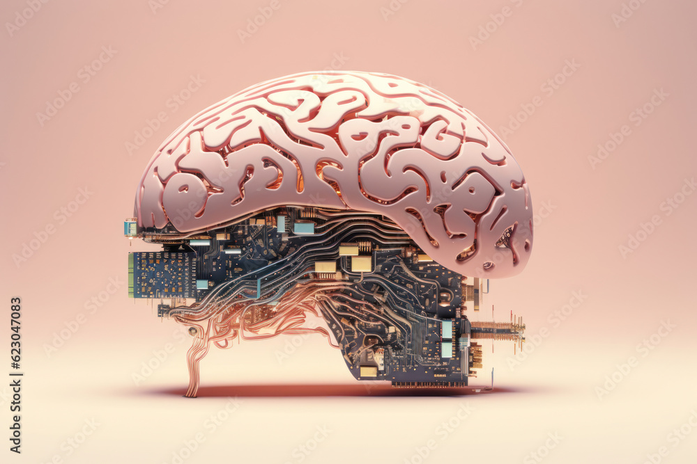 Cerveau humain connecté avec des circuits imprimés symbolisant l'intelligence artificielle et l ...