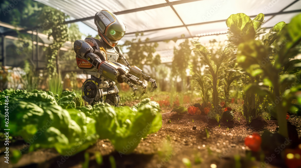 Foto de humanoid robot android farmer helps grow plants, vegetable ...