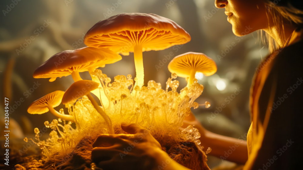 scientist researcher woman looks at futuristic luminous glowing ...