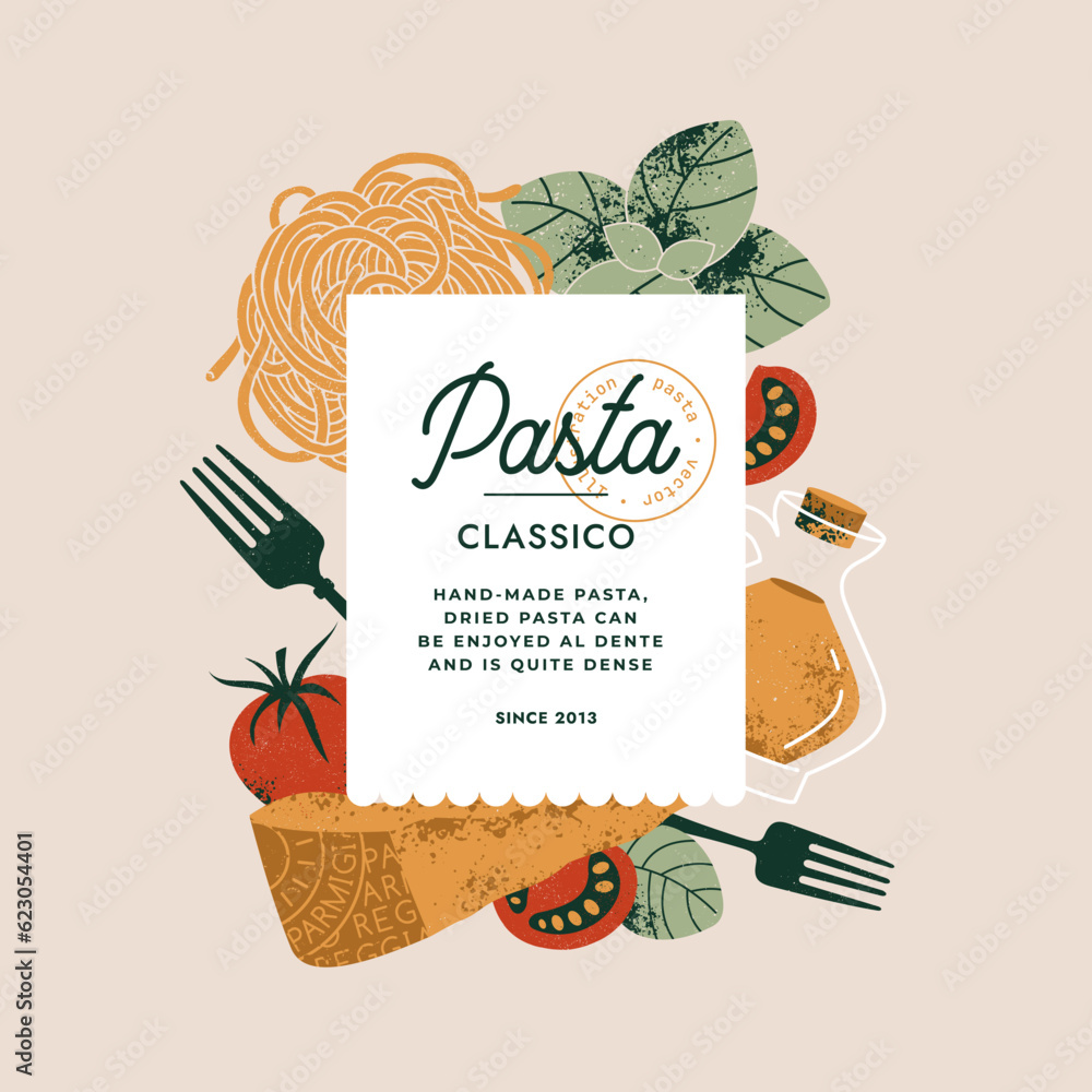 Parmesan and pasta with tomatoes and basil. Textured illustration ...