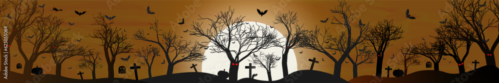 Long Scary Forest Header on orange sunset background with giant full ...