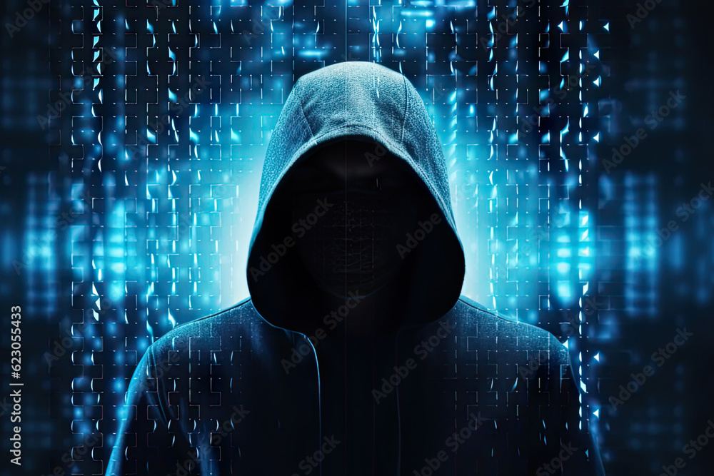Unrecognizable computer hacker with hoodie and obscured face. Abstract technology, cyber ...