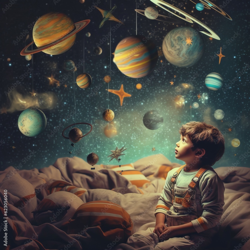 Little boy dreaming about becoming an astronaut. Fantasy and ...