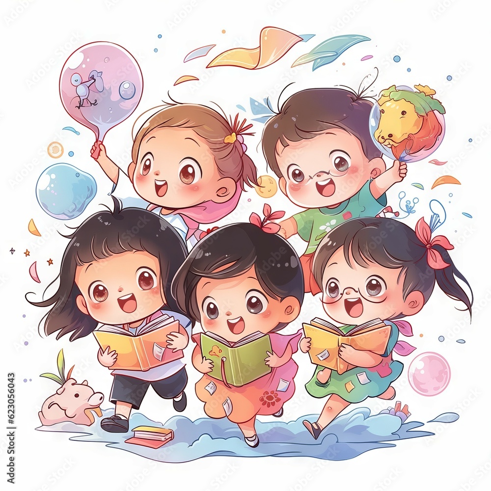 Happy children reading books. Cute cartoon kids. Cute children reading ...