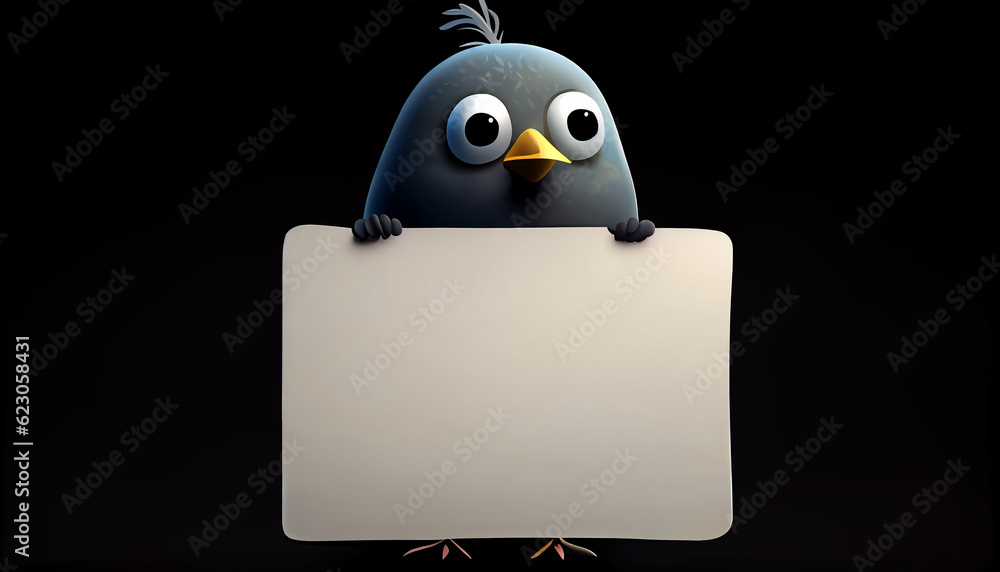Cute Cartoon Bird Holding a Sign for a message or logo mockup, Created ...