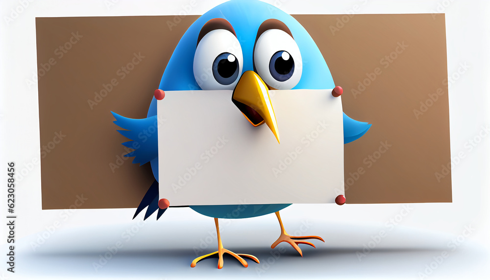 Cute Cartoon Bird Holding a Sign for a message or logo mockup, Created ...