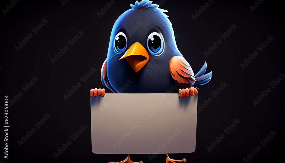 Cute Cartoon Bird Holding a Sign for a message or logo mockup, Created ...