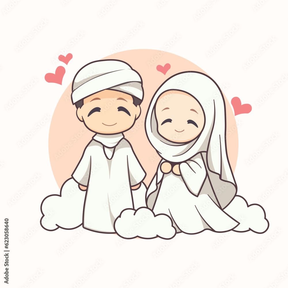 Cute cartoon muslim couple boy and girl in love. Vector illustration ...
