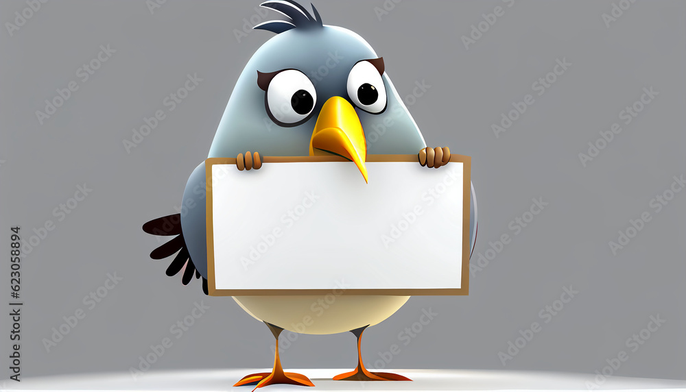 Cute Cartoon Bird Holding a Sign for a message or logo mockup, Created ...