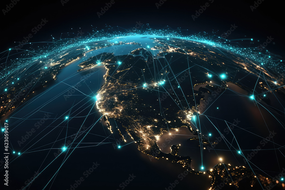A globe of a planet surrounded by neural neon nexus lines, grid and ...