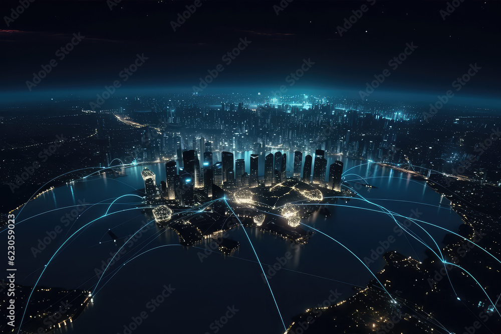A globe of a planet surrounded by neural neon nexus lines, grid and ...