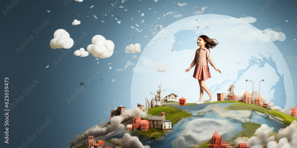 Little Happy Girl standing on top of little planet Earth. International ...