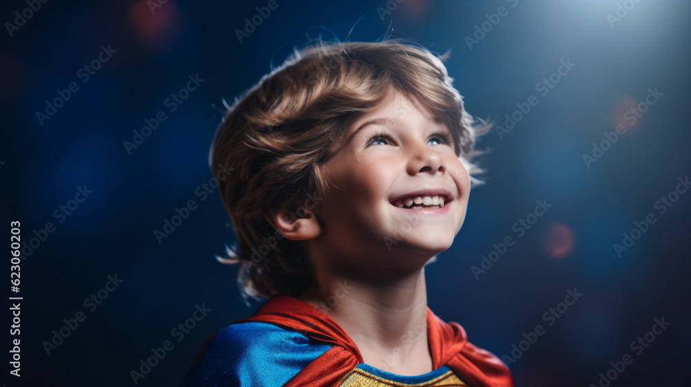 Portrait of a happy little boy in superhero costume on a blue ...