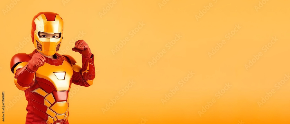 Portrait of a happy little asian boy in a superhero costume of Iron Man ...