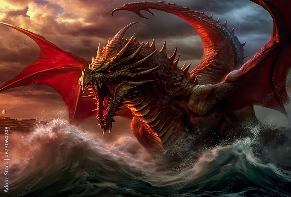 A large sea dragon with wings emerging from the ocean, roaring, epic ...
