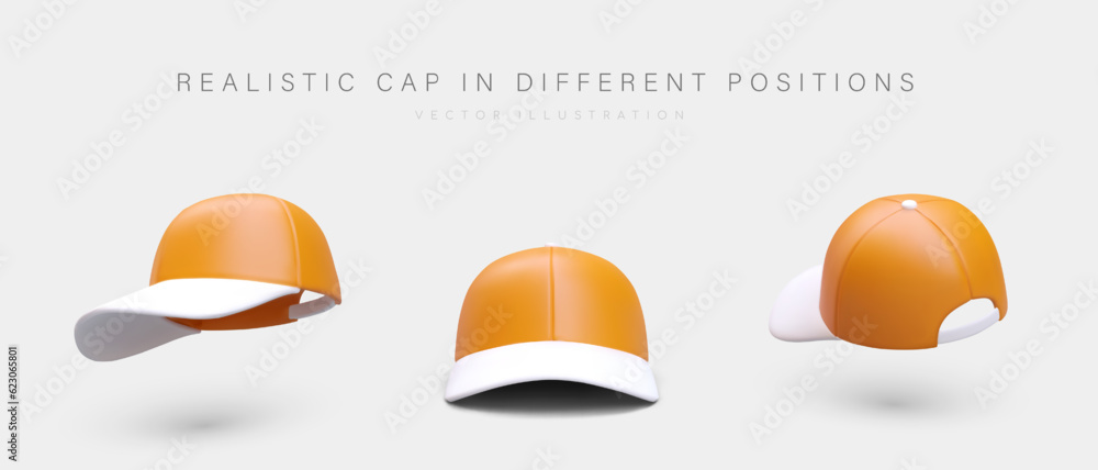3D baseball cap in different positions. Front, side, back view. Modern ...