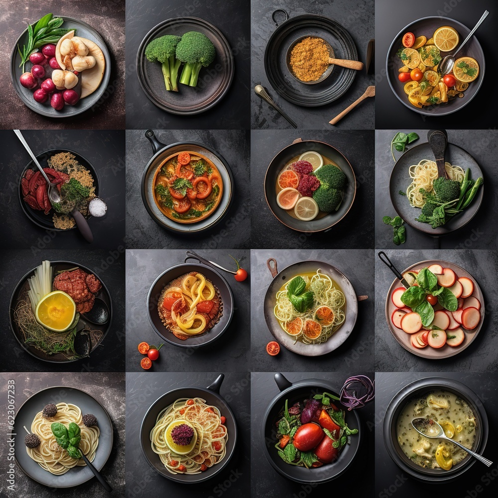 collage of various plates of food top view. Set of different foods top ...