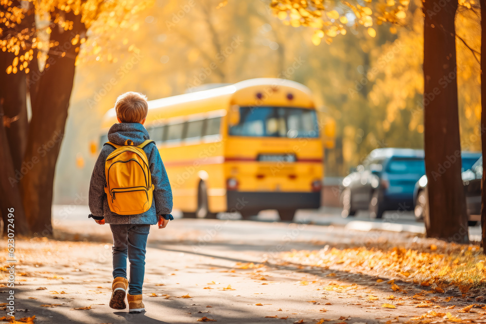 Little boy walking towards yellow school bus. Education and learning in ...
