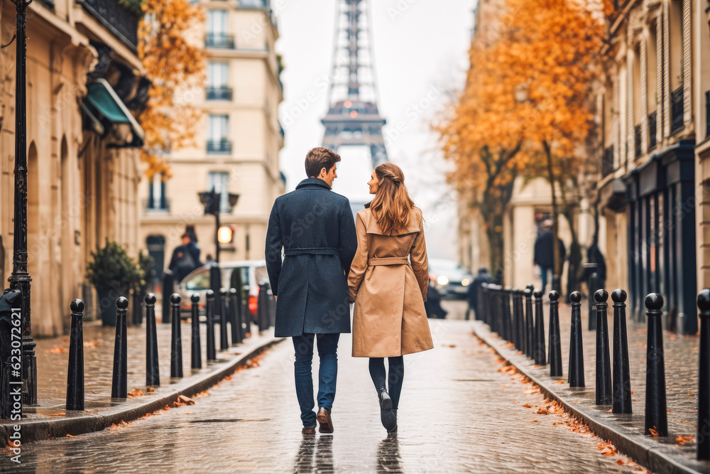 Couple walking in Paris. Happy couple going on vacation together ...