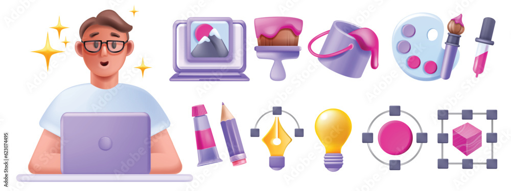 3D design icon set, vector freelancer male character with laptop ...