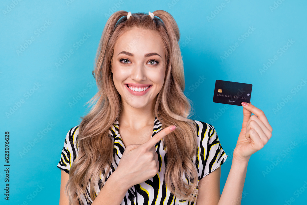 Portrait of gorgeous cute girl toothy smile indicate finger hand hold ...