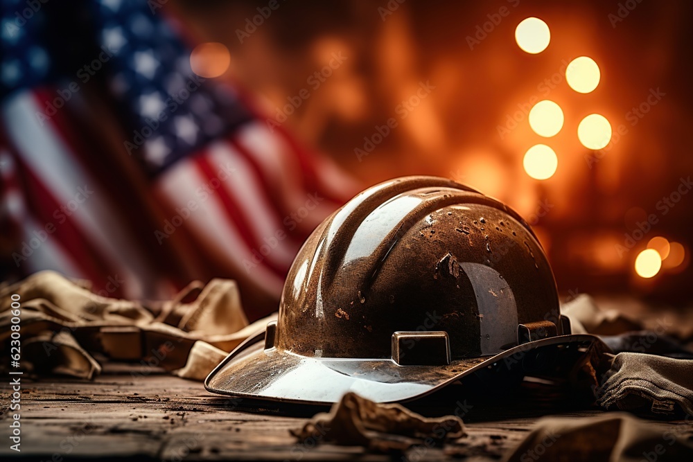 Work hard hat and elements of clothing on a wooden table against the ...